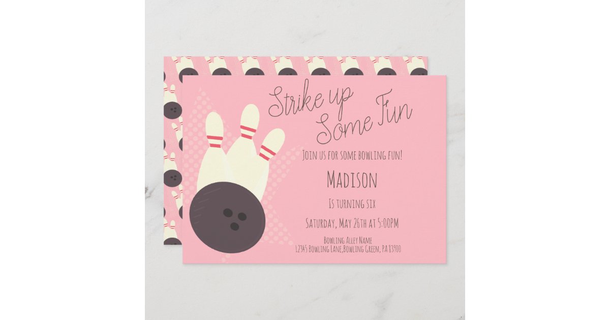 Retro Bowling Alley Birthday Party Pink Invitation | Zazzle
