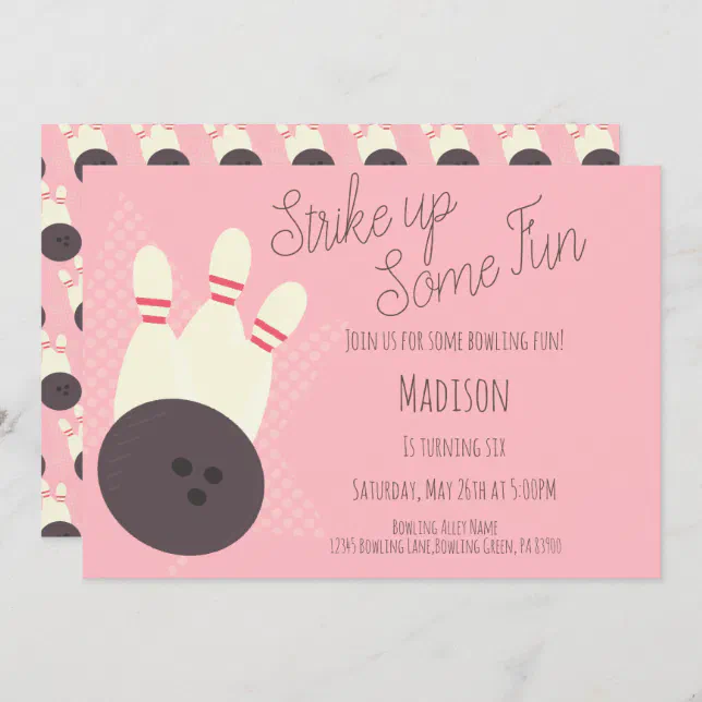 Retro Bowling Alley Birthday Party Pink Invitation | Zazzle
