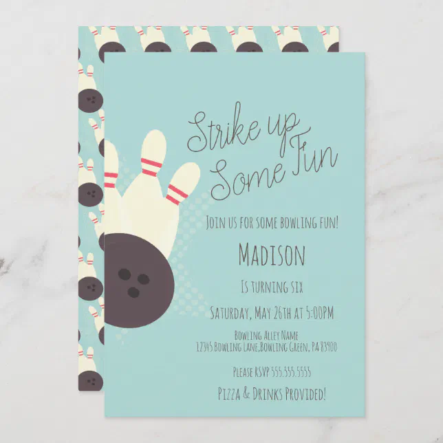 Retro Bowling Alley Birthday Party Teal Invitation | Zazzle