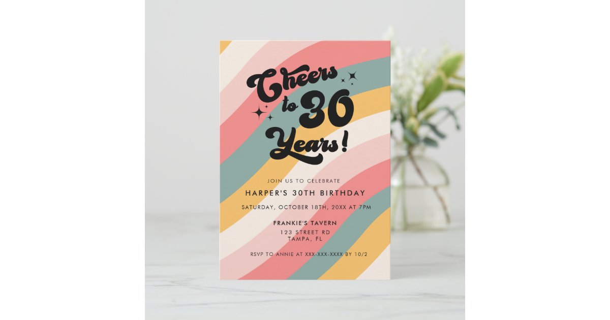 Retro Cheers to 30 Years Colourful 30th Birthday Invitation | Zazzle