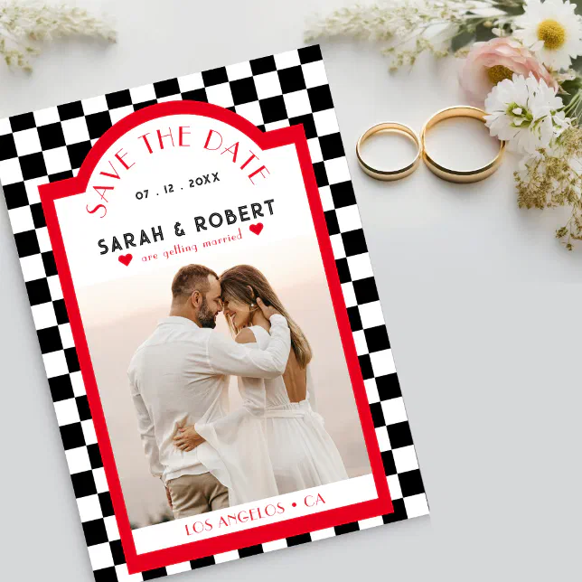 Retro Chequerboard Photo Red Black & White Wedding Save The Date | Zazzle