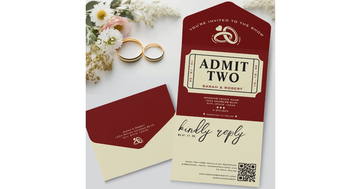 Retro Cinema Theatre Admit Two Ticket Wedding All In One Invitation ...