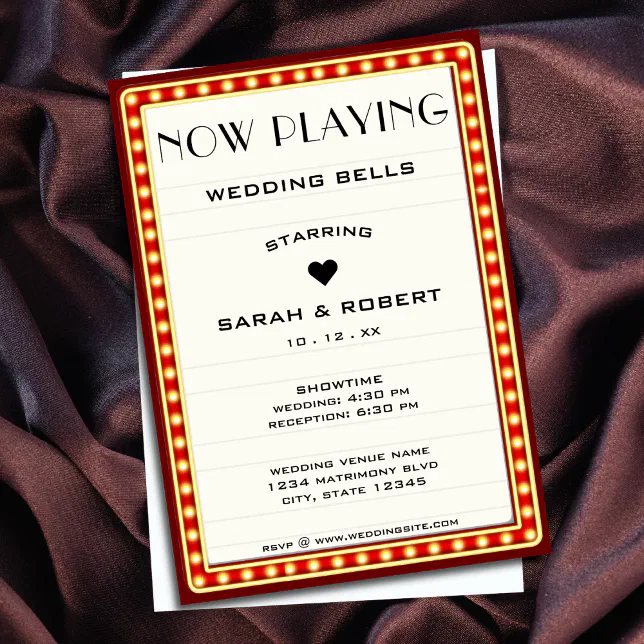 Retro Cinema Theatre Marquee Sign Red Wedding Invitation | Zazzle