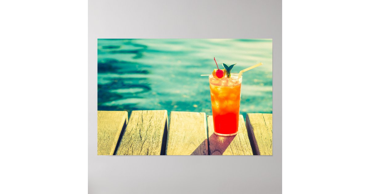 Retro cocktail sunset pool bar poster | Zazzle