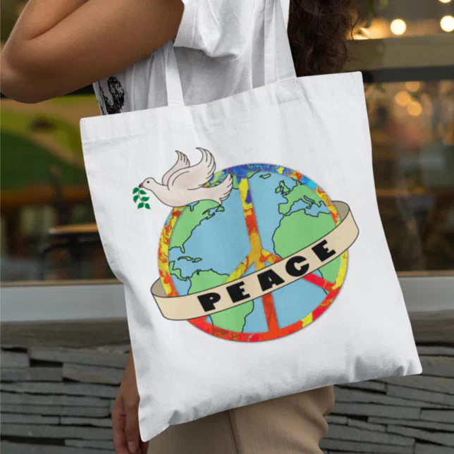 Retro Colourful Hand Drawn World Peace with Dove Tote Bag | Zazzle