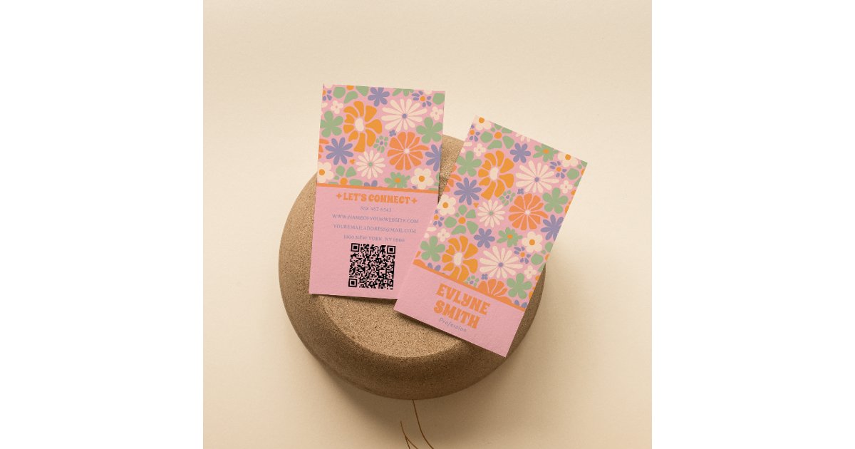 Retro Colourful QR Code Groovy Floral Girly Drawn Business Card | Zazzle