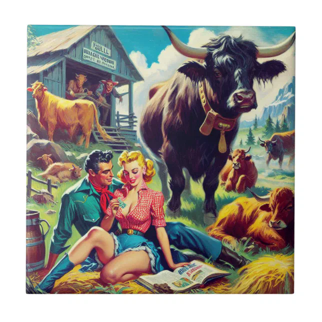 Retro Country Couple Illustration Tile | Zazzle
