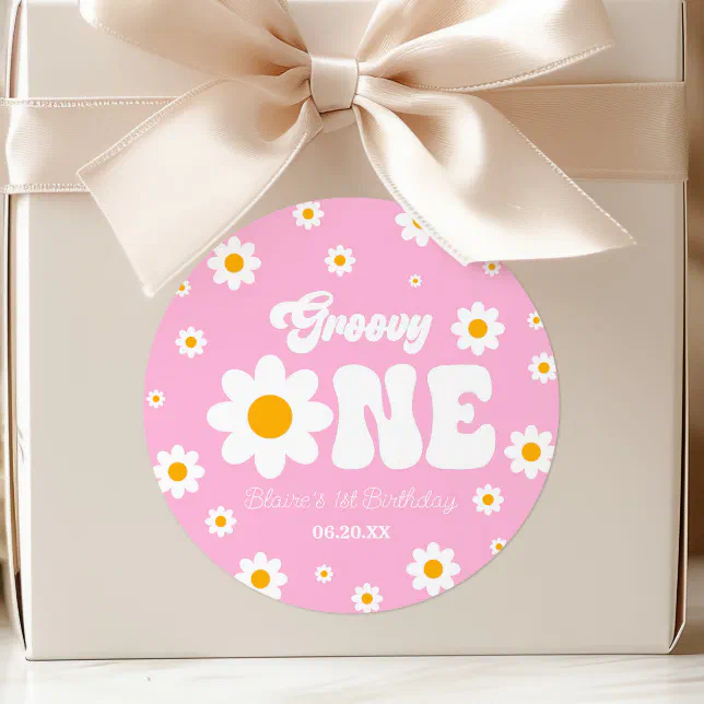 Retro Daisy Flower Groovy One 1st Birthday Party Classic Round Sticker ...