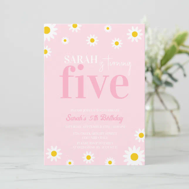 Retro Daisy Pastel Pink Minimal 5th Birthday Invitation | Zazzle