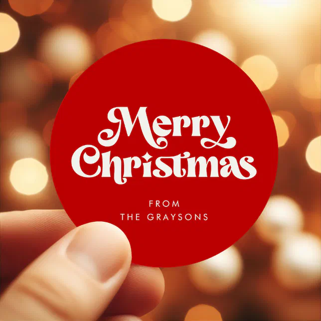 Retro Elegant Merry Christmas Red Classic Round Sticker | Zazzle
