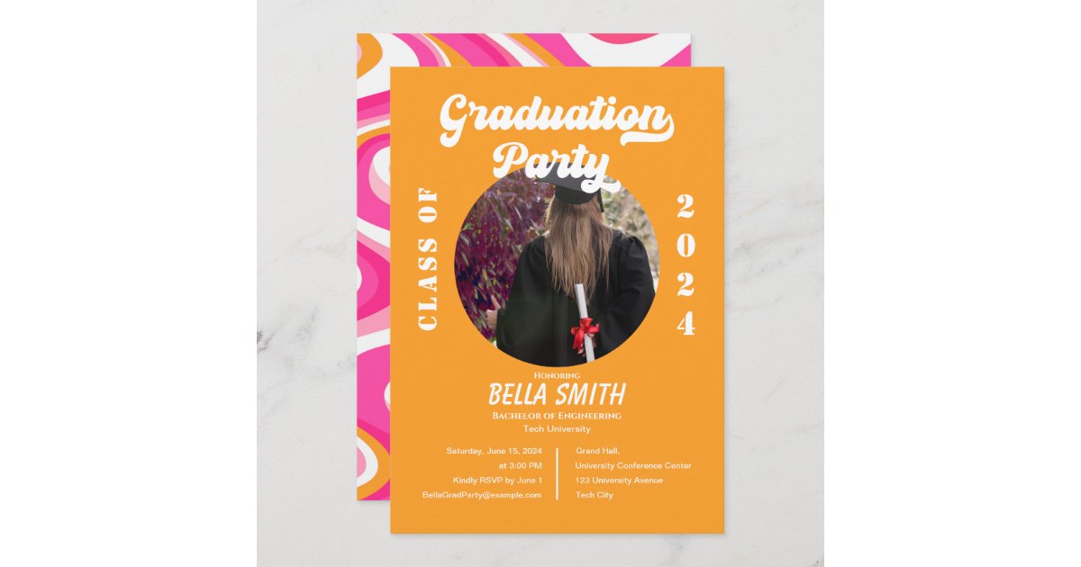 Retro Funky Pink and Orange Graduation Invitation | Zazzle