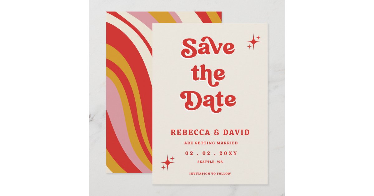 Retro Groovy 70s Cute Ivory Red Pink Wedding Save The Date | Zazzle