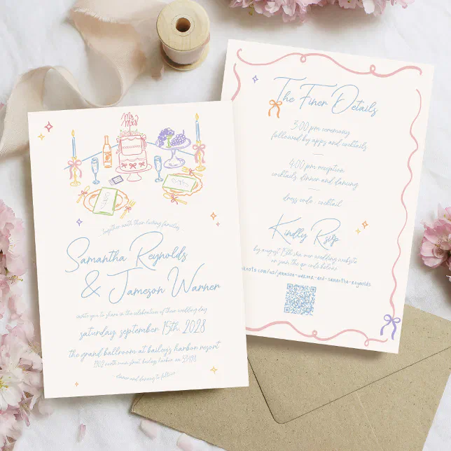 Retro Hand Drawn Scribble Pastel & Blue Wedding Invitation | Zazzle