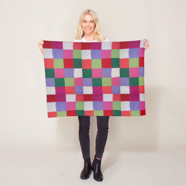 retro hand knitted colourful patchwork squares fleece blanket | Zazzle