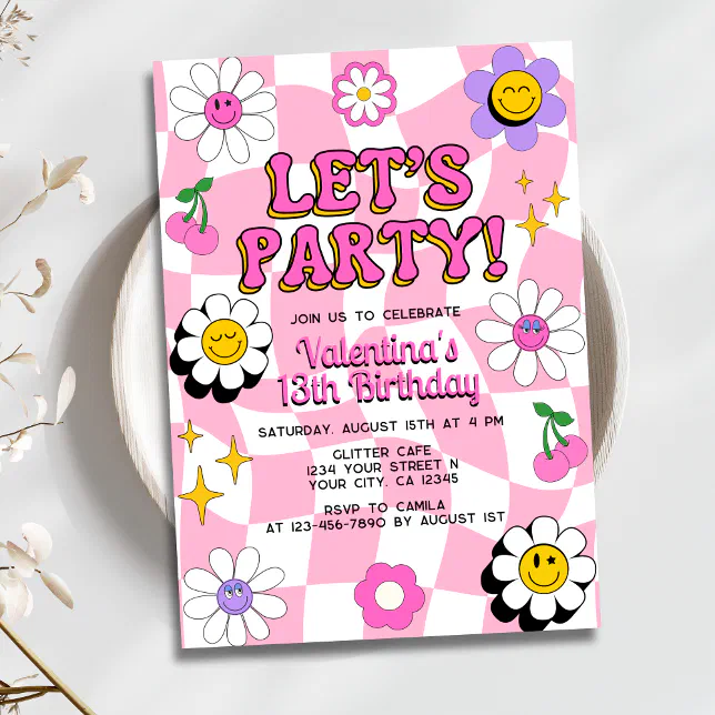 Retro Happy Smile Face Pink Chequered Birthday Invitation | Zazzle