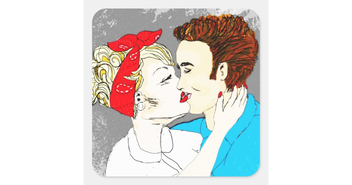 Retro Kissing Couple Square Sticker | Zazzle