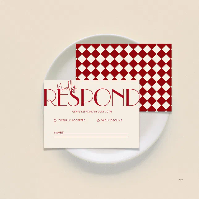 Retro Minimalistic Chequered Pattern Red Wedding RSVP Card | Zazzle