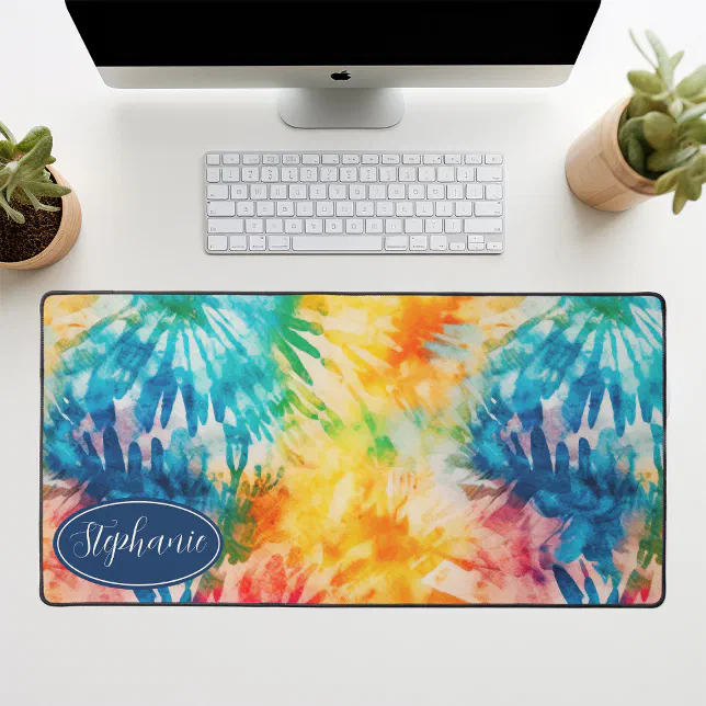 Retro Modern Abstract Rainbow Watercolor Tie Dye Desk Mat | Zazzle