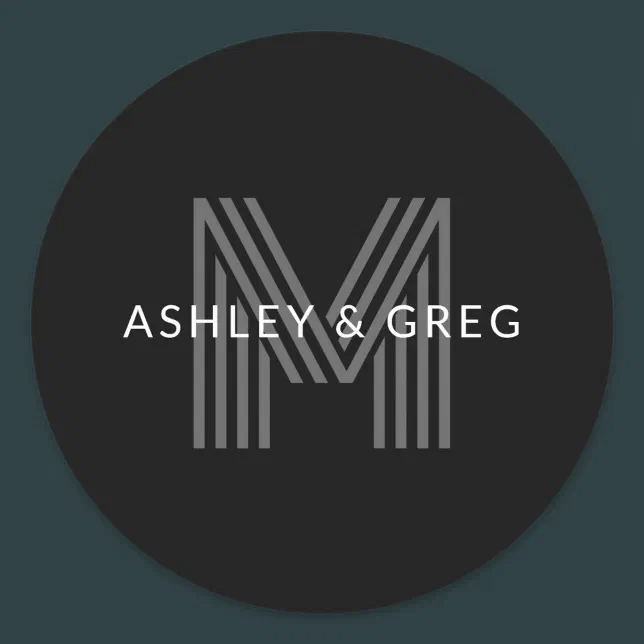 Retro Modern Name/s Editable Monogram Black & Grey Classic Round ...