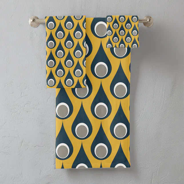 Retro Navy Mustard Geometric Drops Pattern Bath Towel Set | Zazzle