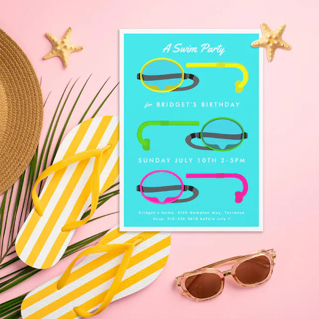 Retro Neon Snorkels Summer Swim Party Invitation | Zazzle