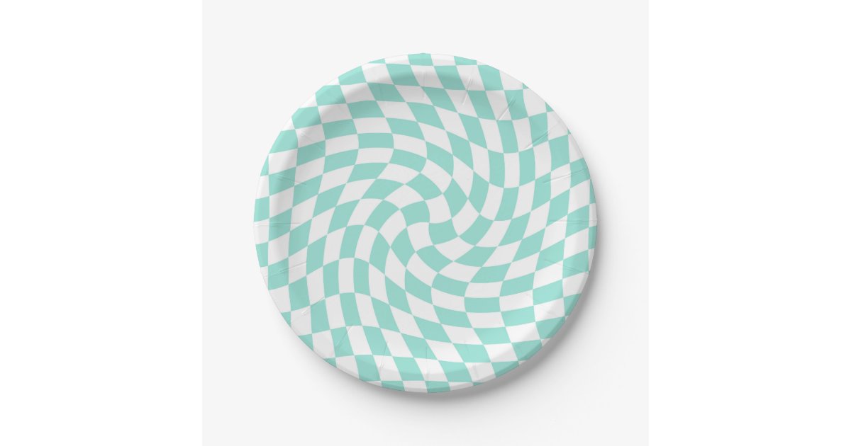 Retro Pastel Baby Blue Checks Warped Chequerboard Paper Plate | Zazzle