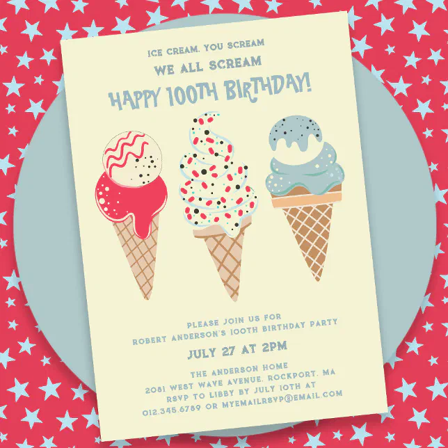 Retro Patriotic Ice Cream Cone 100th Birthday Invitation | Zazzle