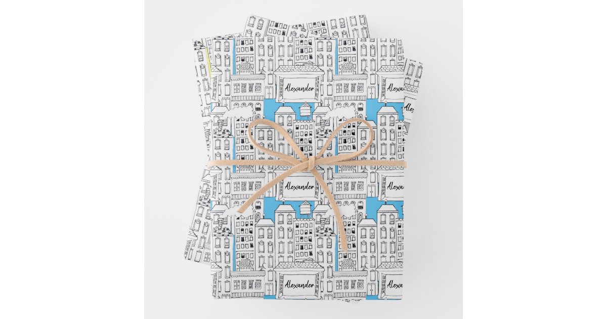 Retro Personalised City Buildings Cute Hand-Drawn Wrapping Paper Sheet ...