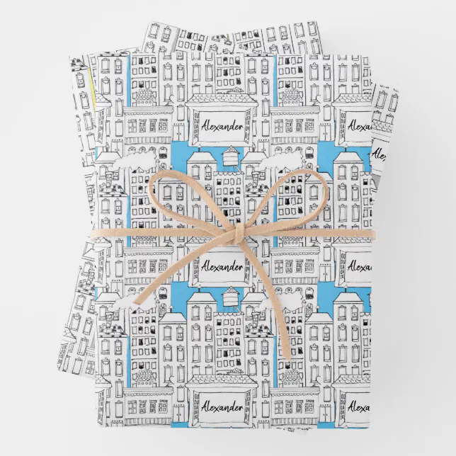 Retro Personalised City Buildings Cute Hand-Drawn Wrapping Paper Sheet ...