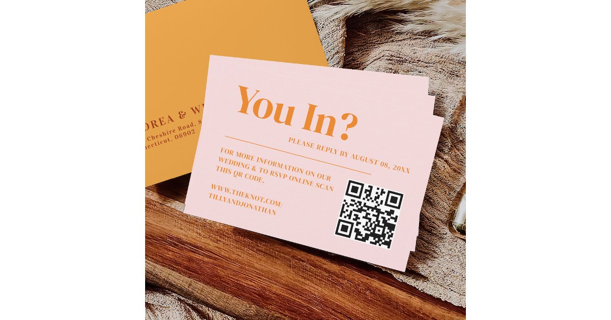Retro Pink and Orange Wedding RSVP QR Code Enclosure Card | Zazzle