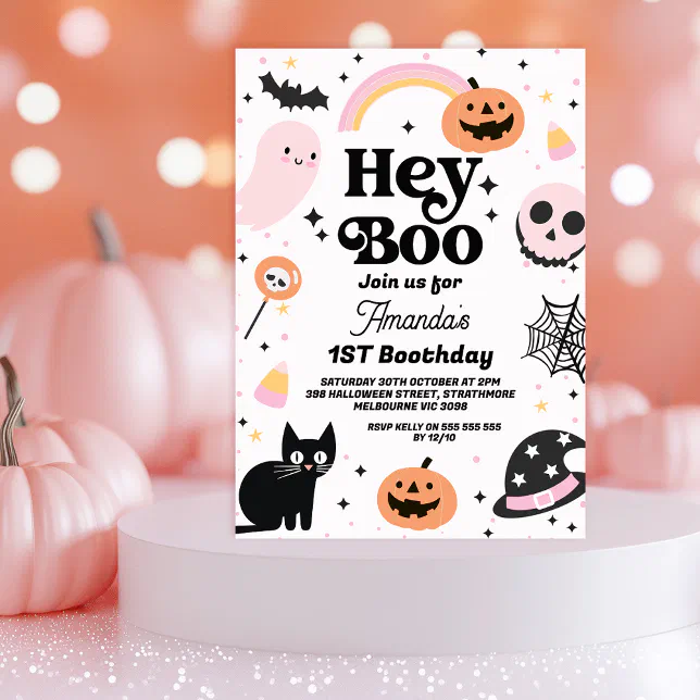 Retro Pink Black Halloween Hey Boo 1st Birthday Invitation | Zazzle