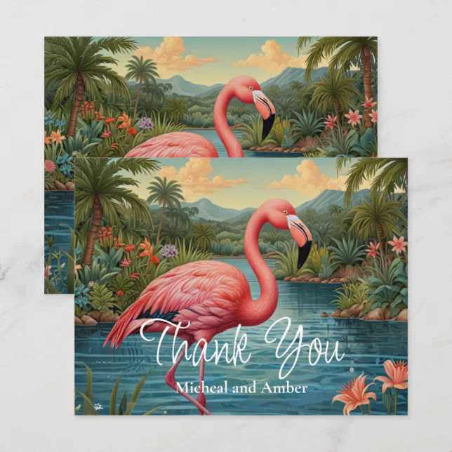 Retro pink flamingo thank you card | Zazzle