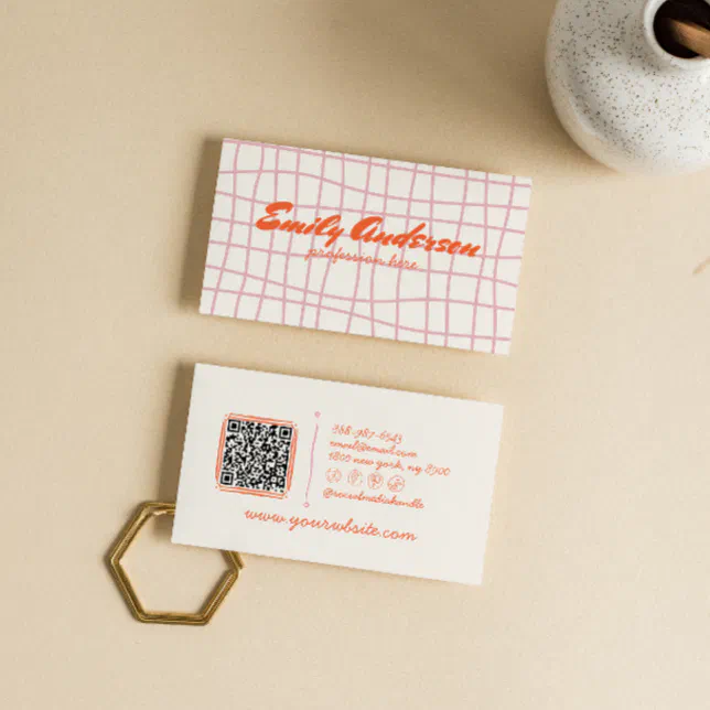 Retro Pink Hand Written Drawn Groovy Girly QR Code Business Card | Zazzle