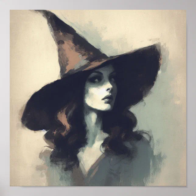 Retro Pretty Witch in Pointed Witch Hat Painting Poster | Zazzle