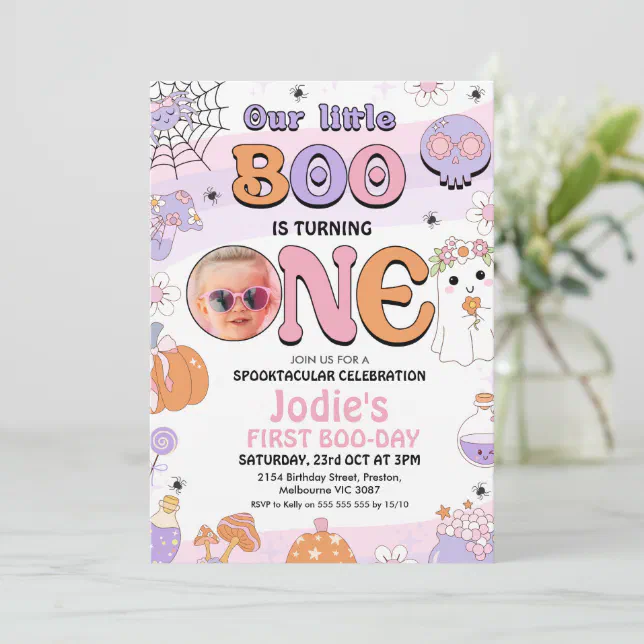 Retro Purple Halloween Little Boo 1st Birthday Invitation | Zazzle