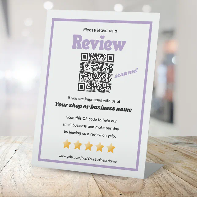 Retro QR code 'leave us a review' YELP purple Pedestal Sign | Zazzle