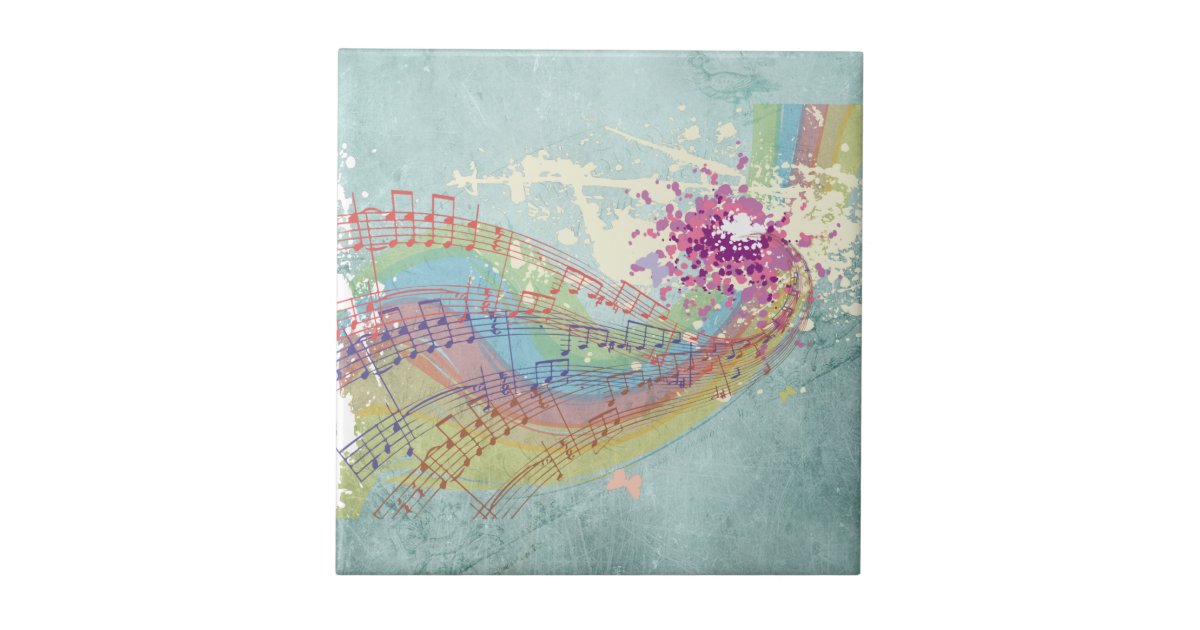 Retro Rainbow and Music Notes on a Shabby Texture Tile | Zazzle