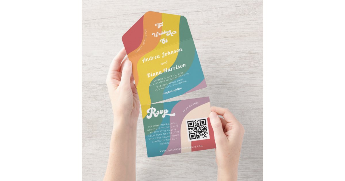 Retro Rainbow Wave LGBTQ Gay Pride QR Code Wedding All In One ...