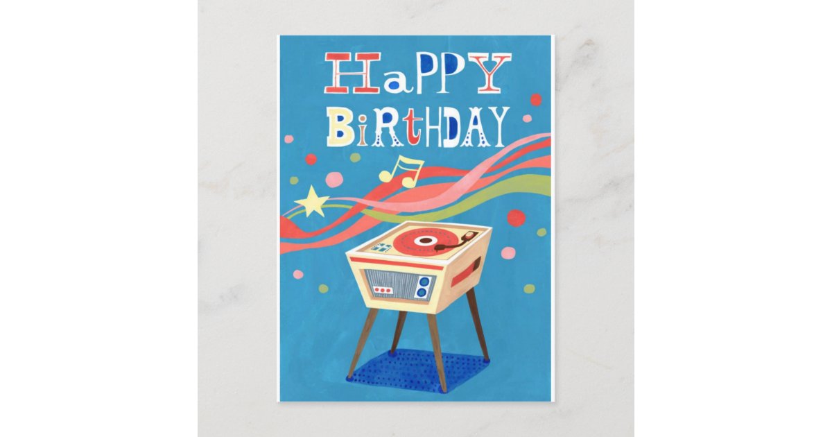 Retro Record Player Happy Birthday Postcard | Zazzle