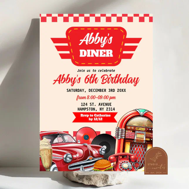 Retro Red Car 1950s Diner Party Invitation | Zazzle