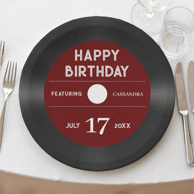 Retro Red Vinyl Record Black Happy Birthday Party Paper Plate | Zazzle