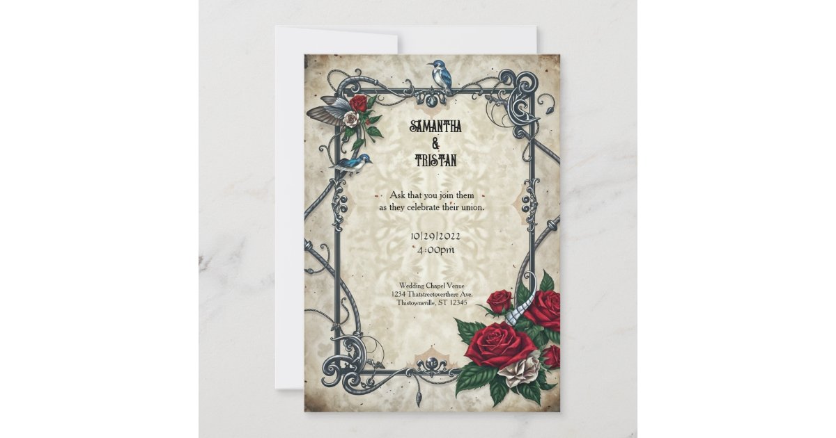 Retro Rockabilly Blue Bird Tattoo Goth Wedding Invitation | Zazzle