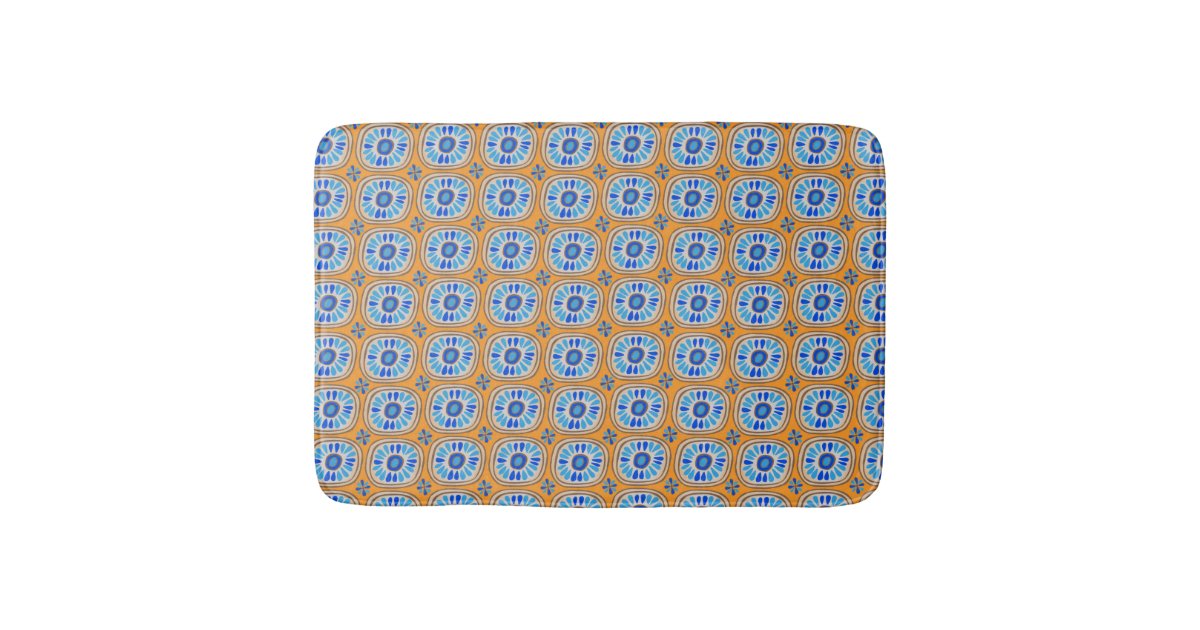 Retro Round Tiles Mexico Daisy Pattern Blue Orange Bath Mat | Zazzle