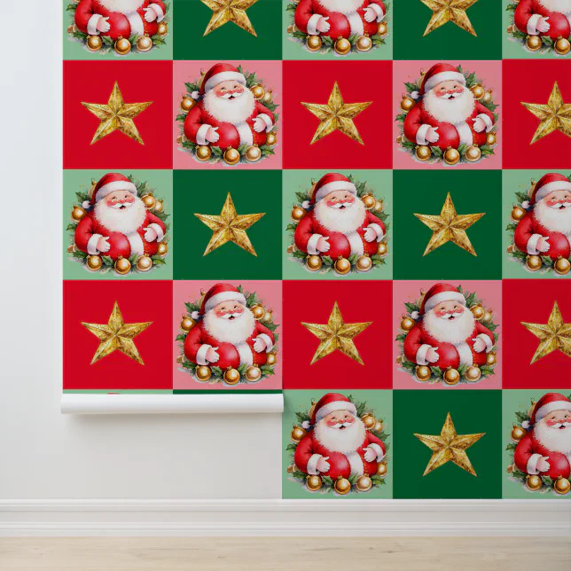 Retro Santa Claus Tartan Plaid Christmas Wallpaper | Zazzle