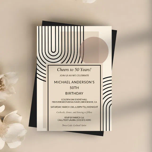 Retro Scandinavian Geometric Line Art Birthday Invitation | Zazzle