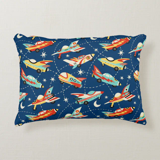 Retro Space Rocket Cars Blue Cute Kids Pattern Decorative Cushion | Zazzle