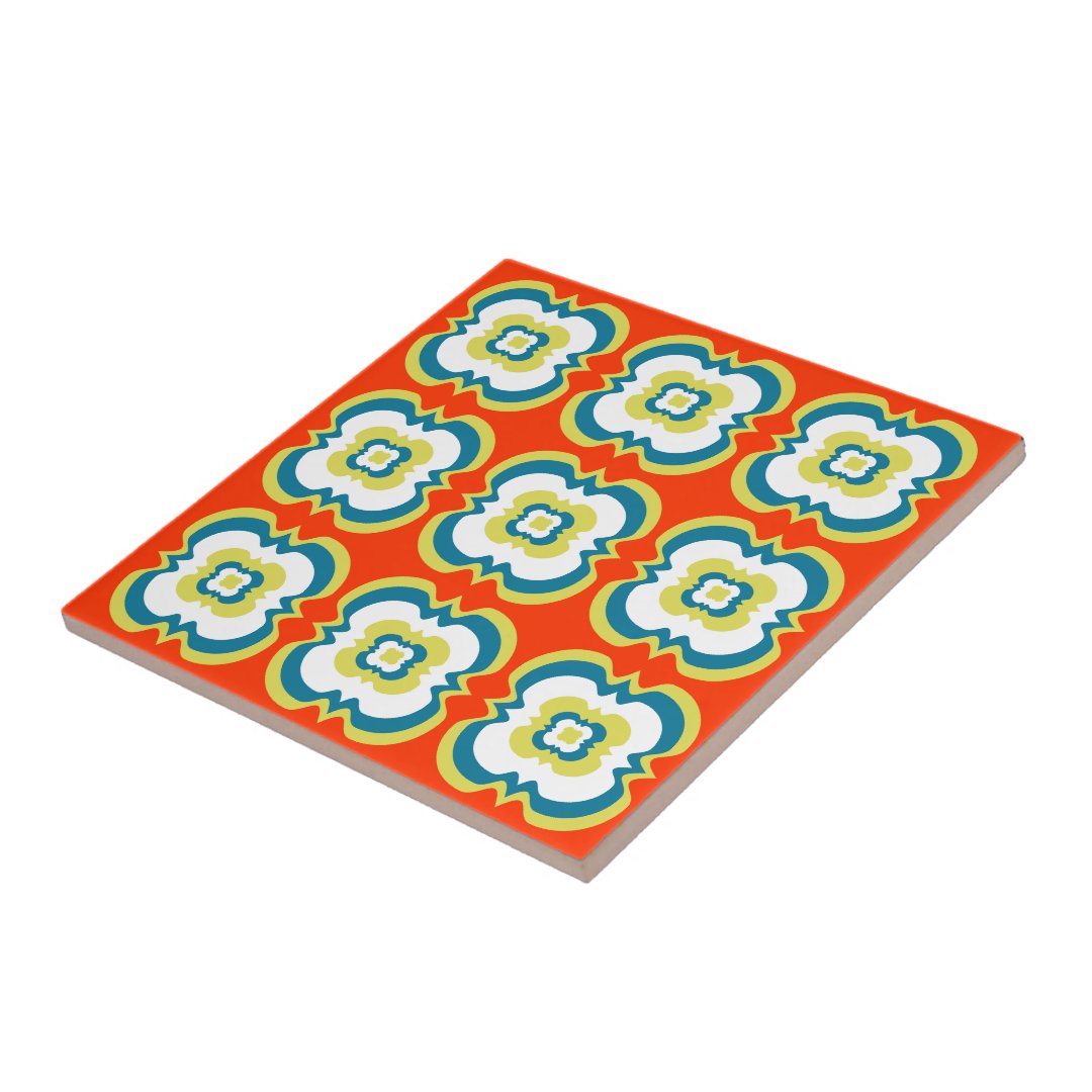 Retro Style Funky Bright Orange Green Pattern Tile | Zazzle