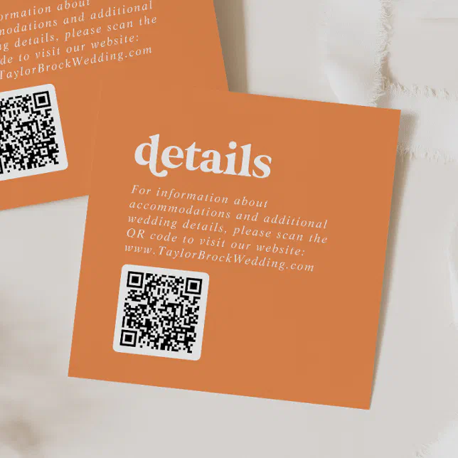 Retro Summer | Orange QR Code Wedding Details Enclosure Card | Zazzle