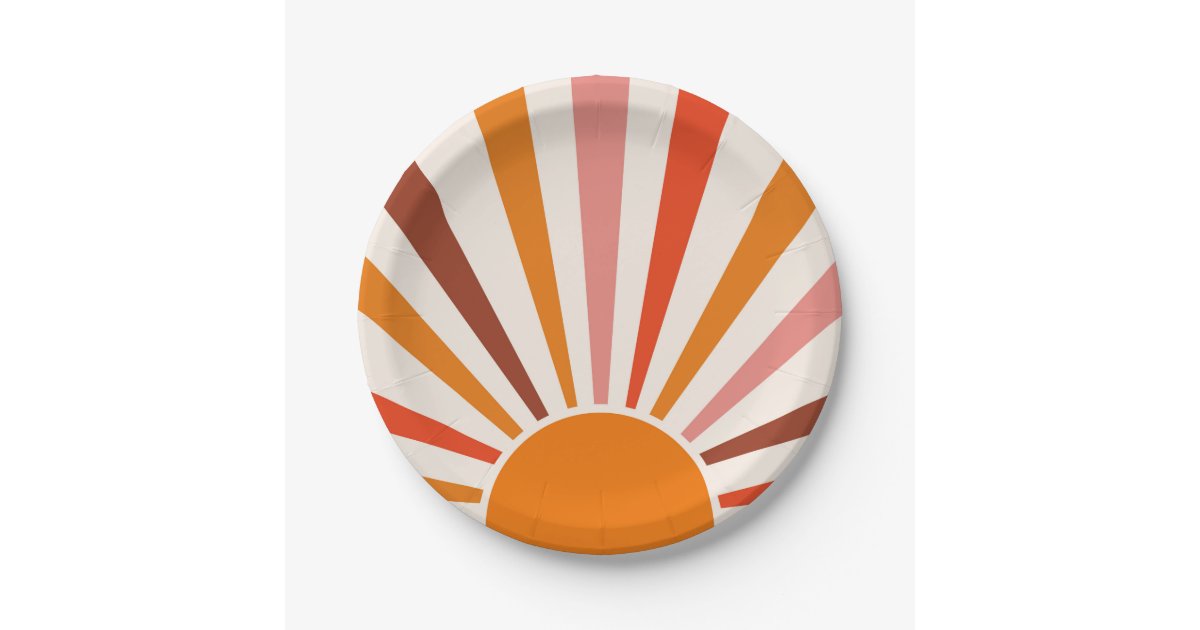 Retro Sun Burst Sunset Orange Yellow Red Pink Paper Plate | Zazzle