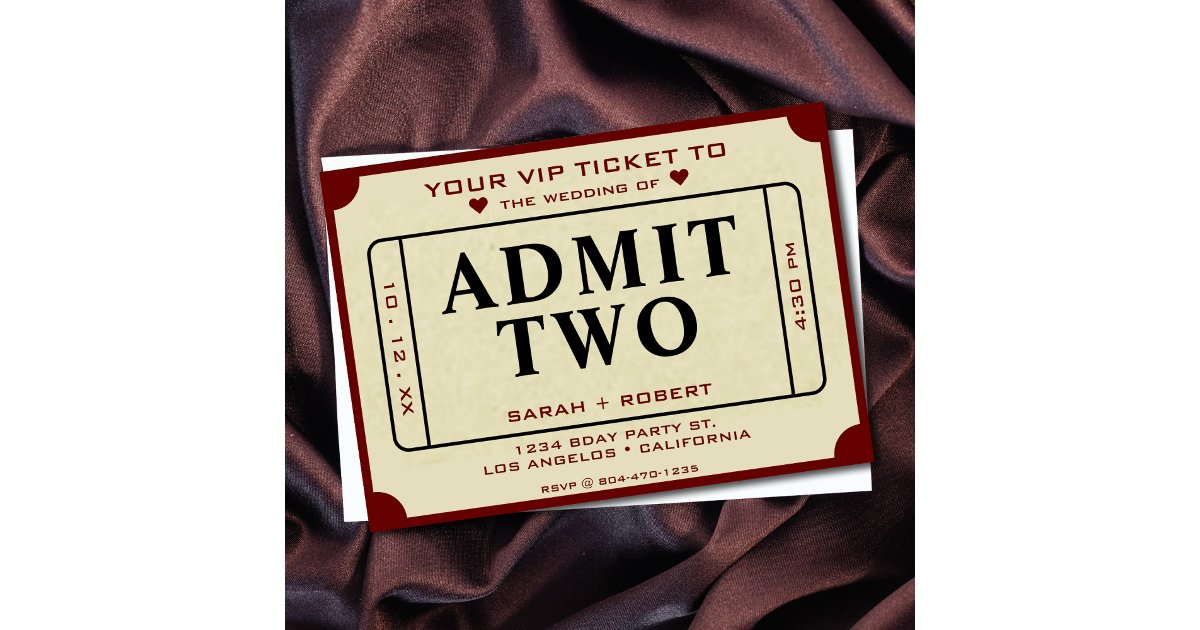 Retro Theatre Movie Ticket Stub Admit Two Wedding Invitation | Zazzle